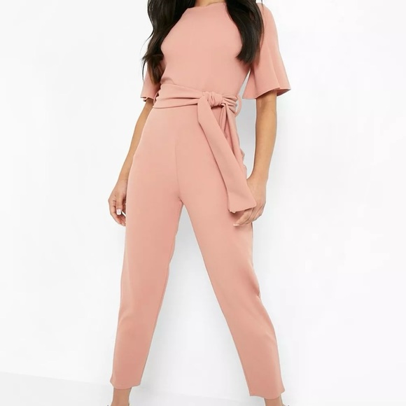 Boohoo | Pants & Jumpsuits | Boohoo Pink Petite Belted Jumpsuit | Poshmark